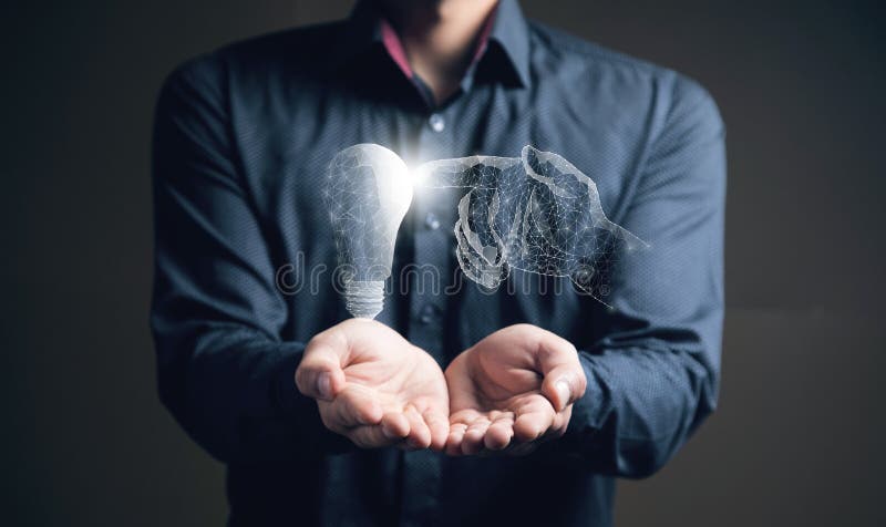 An Illustrated Hand Touches a Light Bulb. Man Holding in His Hand Stock ...