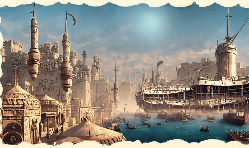 Historical Harbor Fantasy Design Stock Illustration - Illustration of ...