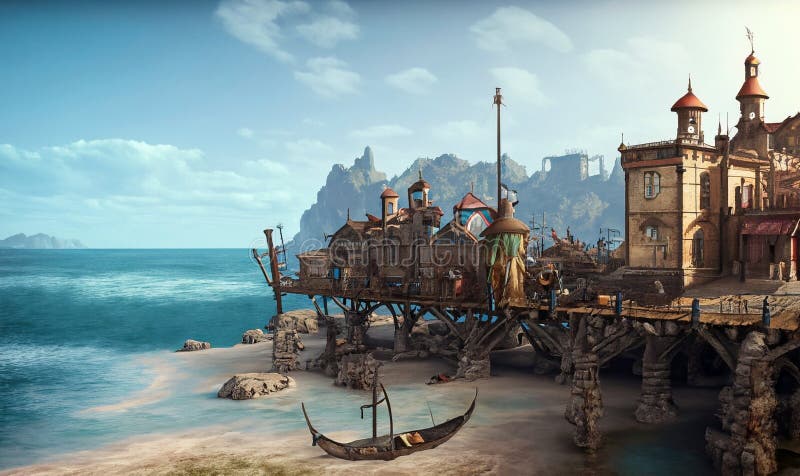 Historical Harbor Fantasy Design Stock Image - Image of park, coast ...