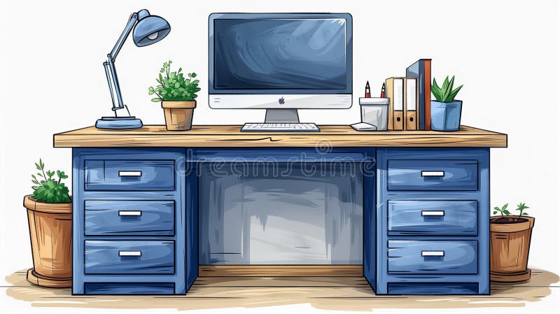 Illustrated Home Office Desk with Computer and Plants Stock ...