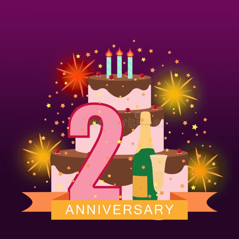 Illustrated Image with Cake, Number Two, Fireworks and Starry Ra Stock ...