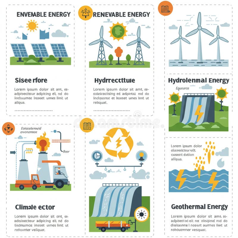 Illustrated Infographic on Renewable Energy with Six Sections. Each ...