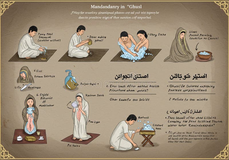 Illustrated Instructions on Ablution Practices. Various Individuals Sit ...