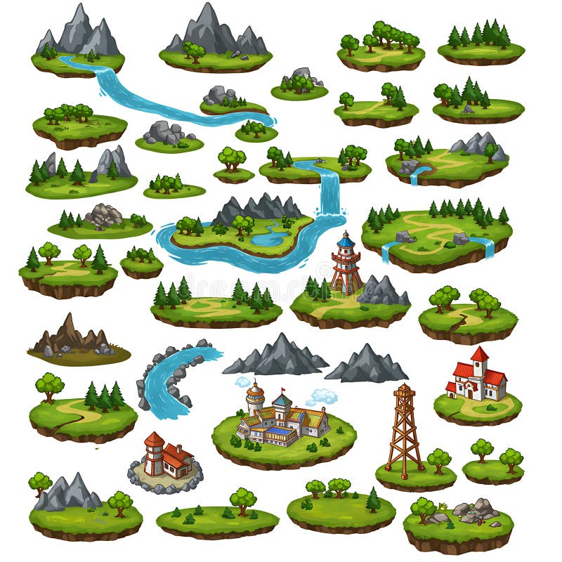 Illustrated Landscape Map Elements Include Diverse Terrains with ...