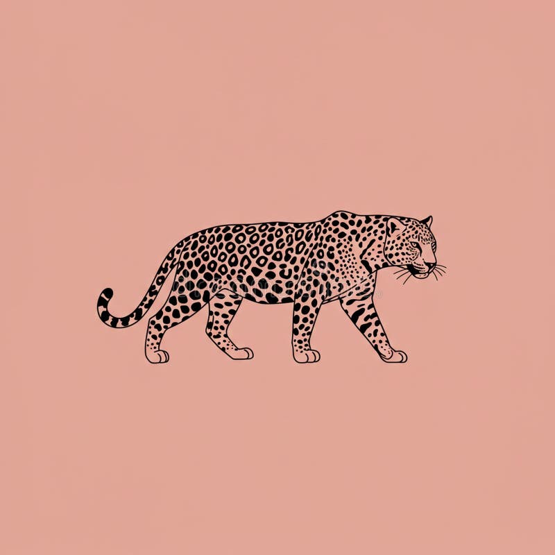 Illustrated Leopard (Panthera Pardus) Walking Left on a Solid Peach ...