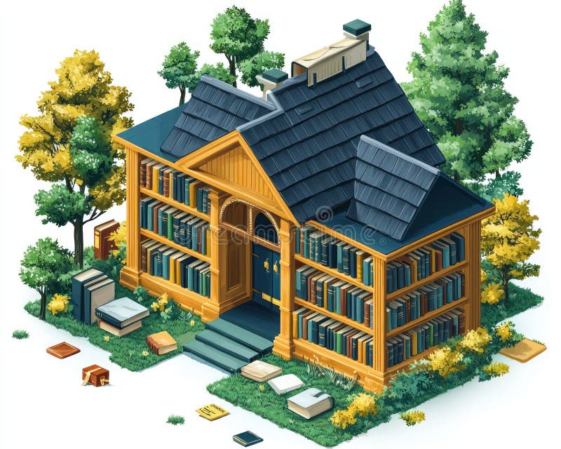 Illustrated Library Building Surrounded by Trees and Books, Showcasing ...