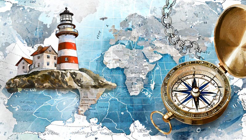 Illustrated Lighthouse with Compass Stock Illustration - Illustration ...