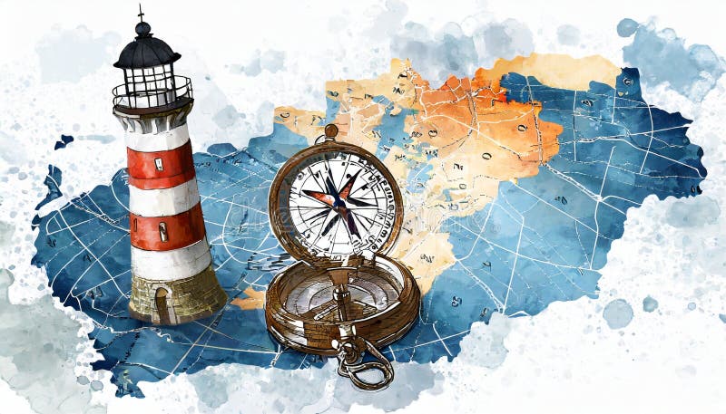 Illustrated Lighthouse with Compass Stock Illustration - Illustration ...