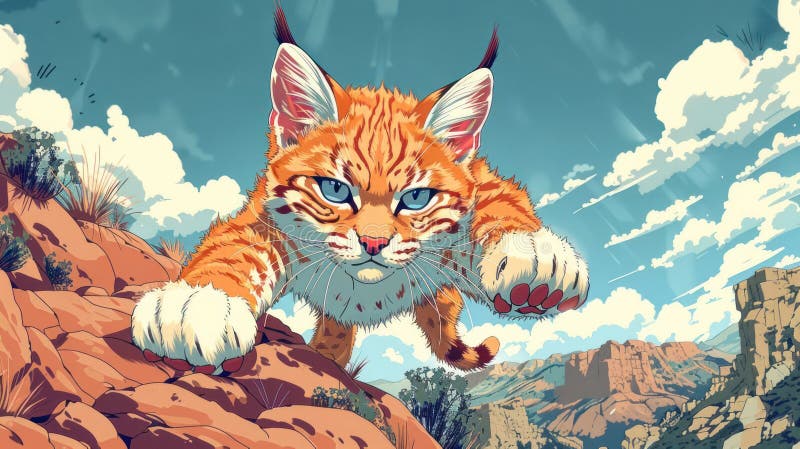 Majestic Bobcat Kitten Leaping Across Mountain Landscape Stock Illustration - Illustration of ...