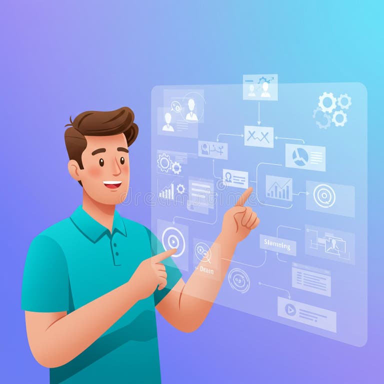 An Illustrated Man Interacts with a Virtual Interface Displaying ...