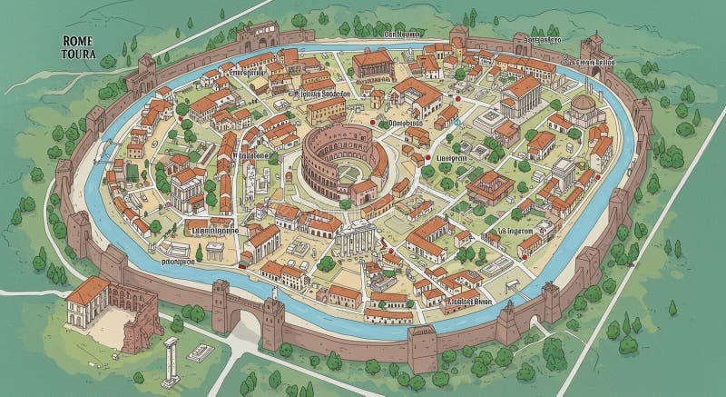 Illustrated Map of Ancient Rome, Featuring the Colosseum at the Center ...