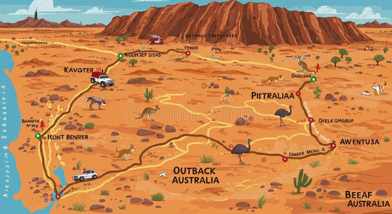 Illustrated Map of the Australian Outback Featuring a Desert Landscape ...