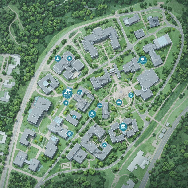 Illustrated Map of a Campus with Multiple Gray Polygonal Buildings ...
