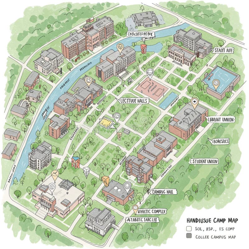 Illustrated Map of a College Campus Featuring Various Labeled Buildings ...