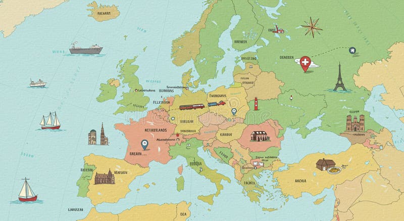 Illustrated Map of Europe Featuring Stylized Landmarks and Icons ...