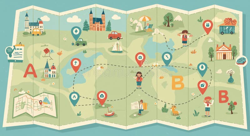 Illustrated Map Features Two Regions Labeled a and B, Connected by a ...