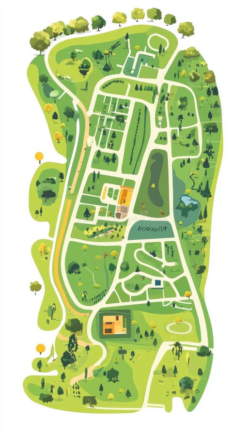 Illustrated Map Featuring Key Locations, Pathways, and Parks on a Clean ...