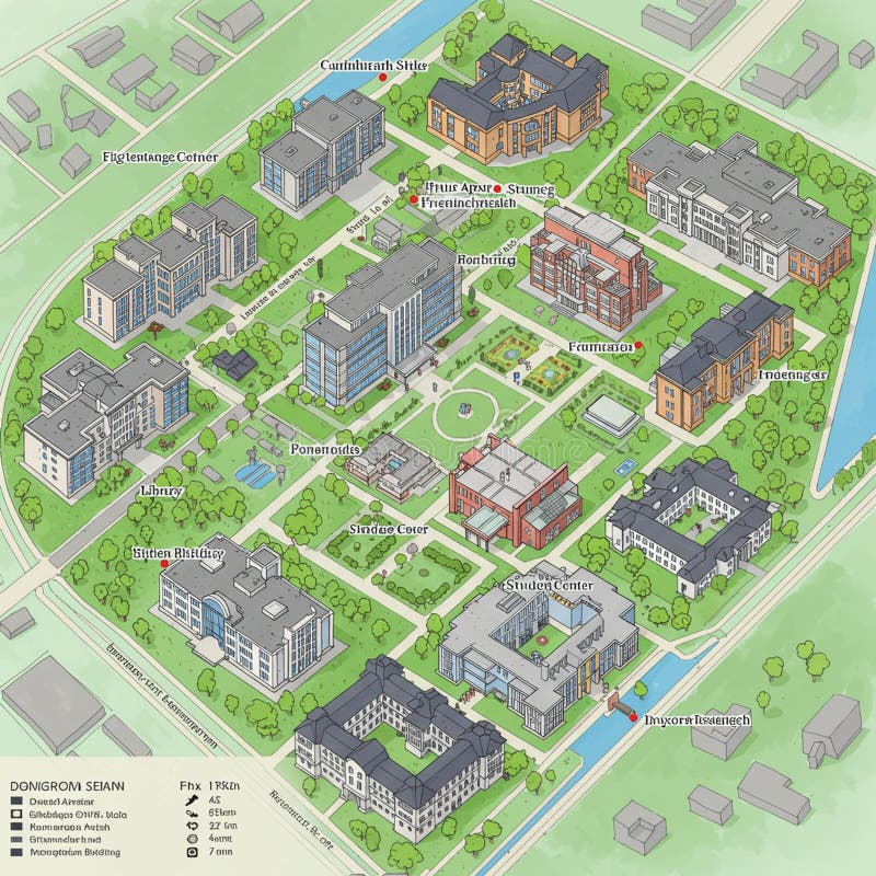 Illustrated Map of a Fictional Campus Featuring Various Labeled ...