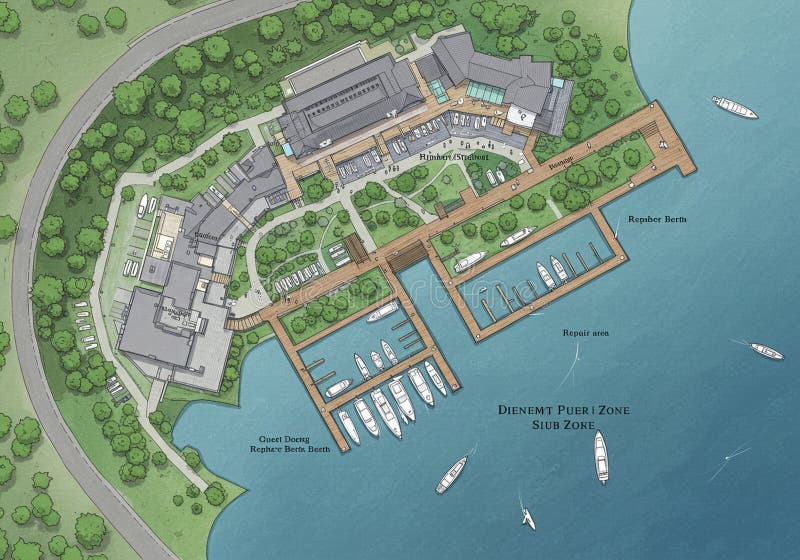 Illustrated Map of a Marina Surrounded by Trees, Featuring Multiple ...
