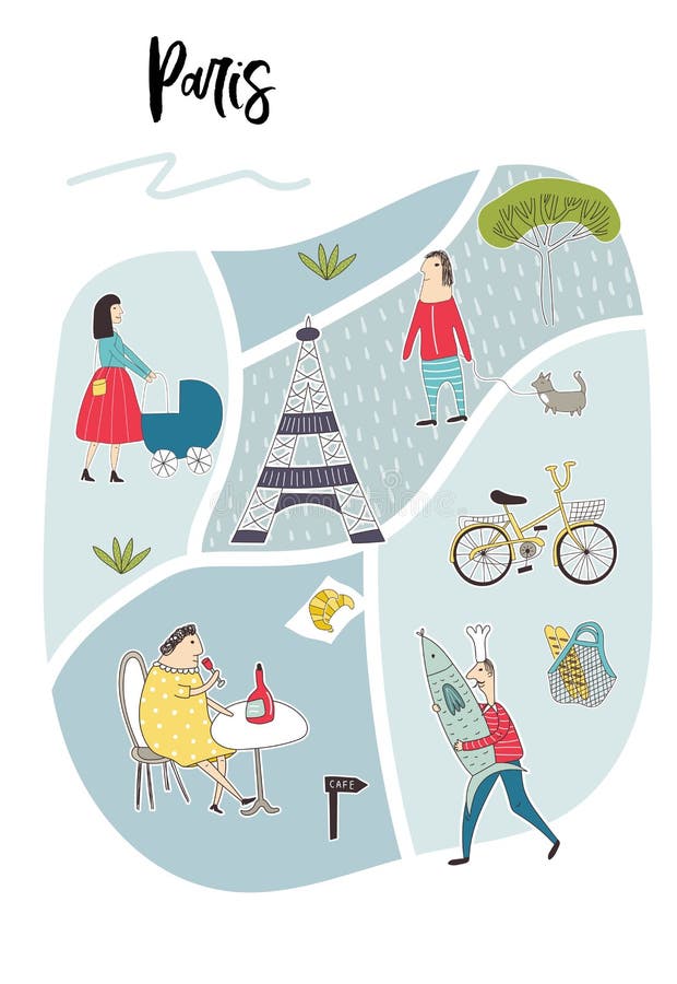 Illustrated Map of Paris with Cute and Fun Hand Drawn Characters ...
