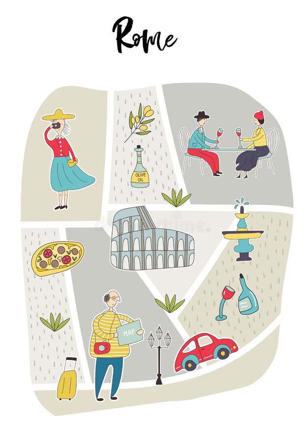 Illustrated Map of Rome with Cute and Fun Hand Drawn Characters, Plants ...