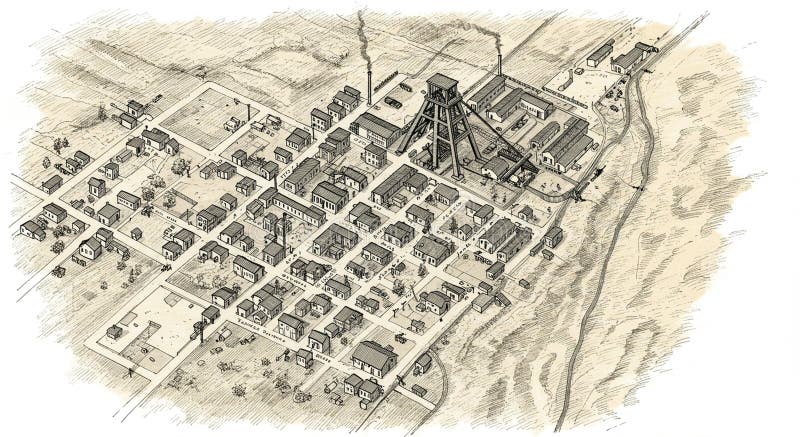 Illustrated Map of a Small Mining Town Featuring a Central Mining ...