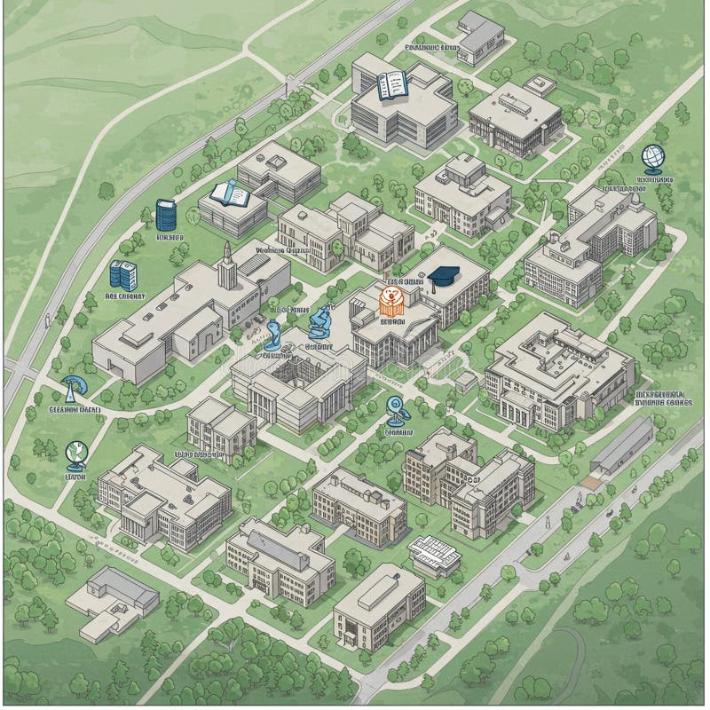 Illustrated Campus Map Showcasing a University Layout with Green Spaces ...