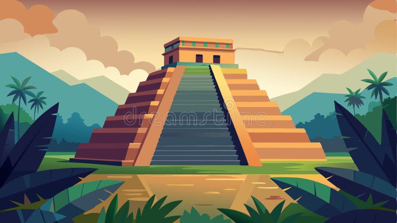 Illustrated Maya Pyramid Landscape Background Vector Graphic Stock ...