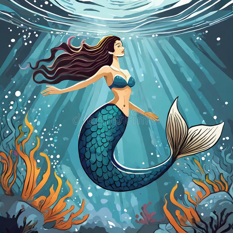 Illustrated Mermaid Under the Surface Stock Illustration - Illustration ...