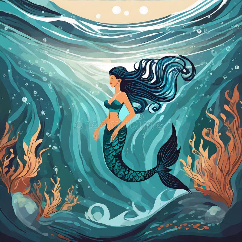 Illustrated Mermaid Under the Surface Stock Illustration - Illustration ...
