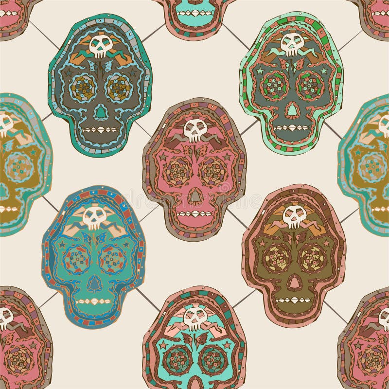 Illustrated Mexican Skull Seamless Pattern Design Stock Vector ...