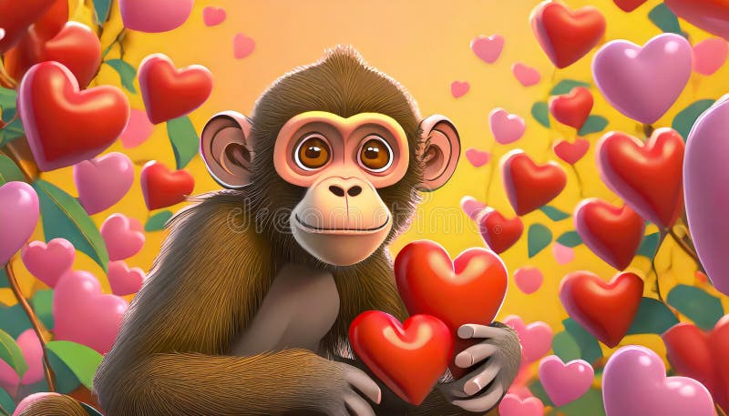 Illustrated Monkey with Hearts Stock Illustration - Illustration of ...