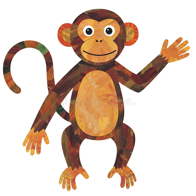 Illustrated Monkey Waving Hand with Brown, Yellow, Orange Patchwork ...