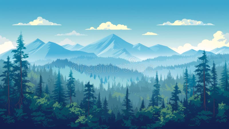 Illustrated Mountain Landscape with Dense Forest Stock Illustration ...