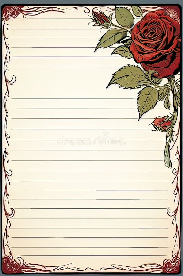 An Illustrated Notepad, Thick Writing Lines, with Beautiful Red Rose ...