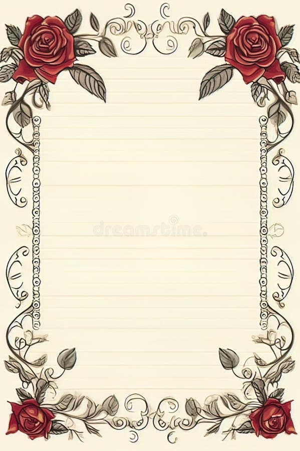 An Illustrated Notepad, Thick Writing Lines, with Beautiful Red Rose ...