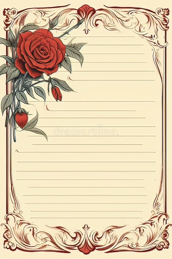 An Illustrated Notepad, Thick Writing Lines, with Beautiful Red Rose ...