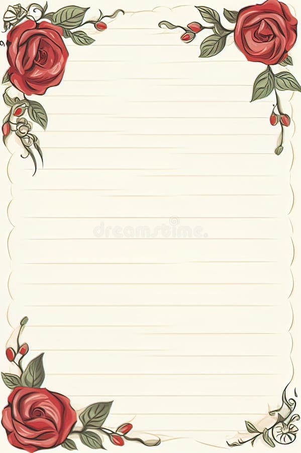 An Illustrated Notepad, Thick Writing Lines, with Beautiful Red Rose ...