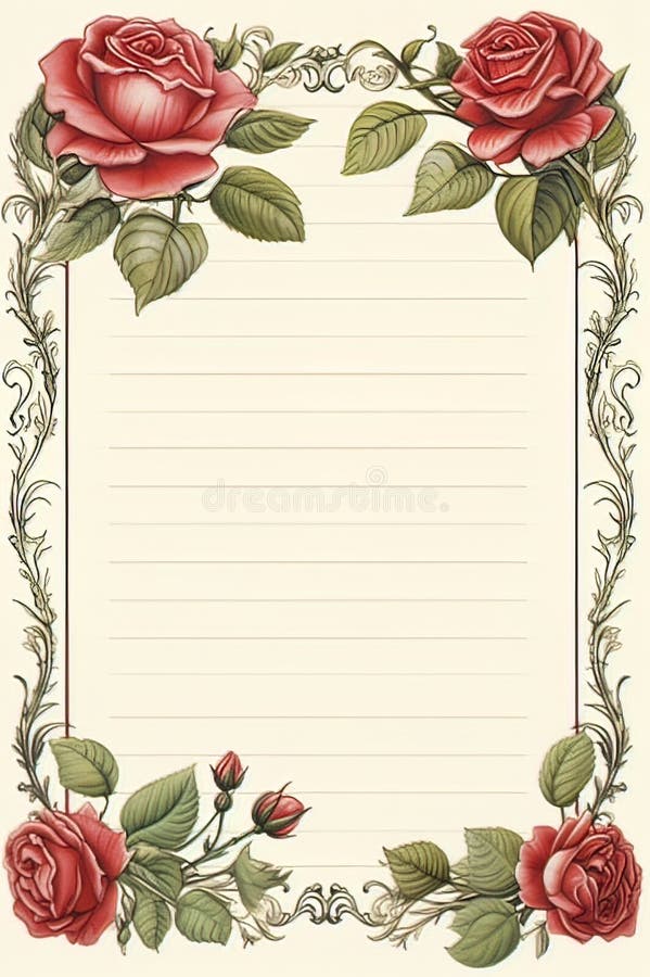 An Illustrated Notepad, Thick Writing Lines, with Beautiful Red Rose ...
