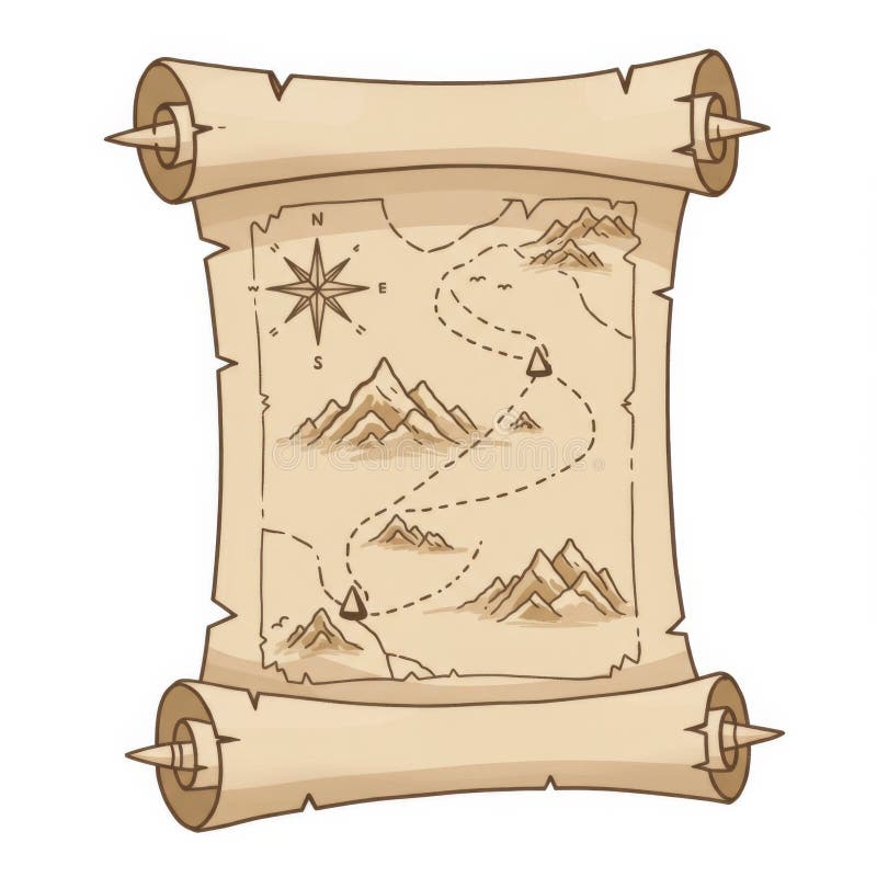 Illustrated Old Parchment Treasure Map with Mountains and Winding Path ...
