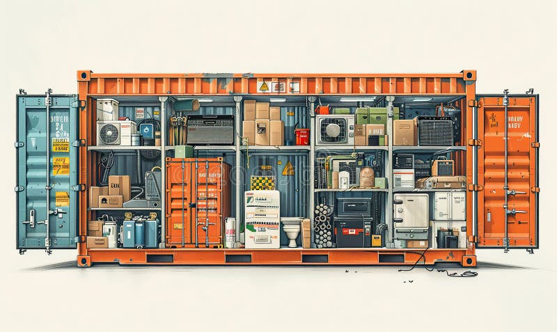 An Illustrated Open Shipping Container Filled with Boxes and Goods ...