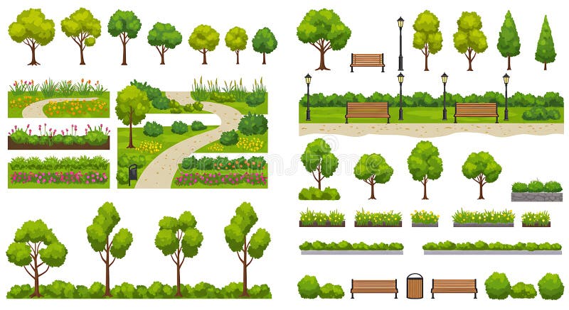 Illustrated Park Elements, Including Trees, Benches, Lamp Posts, and ...