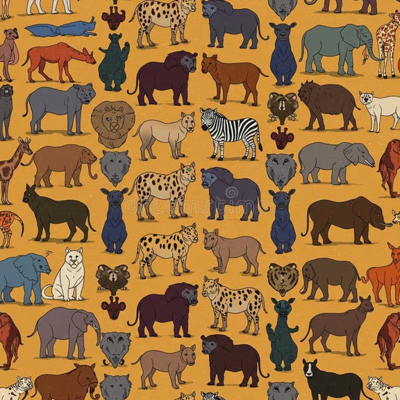 Illustrated Pattern Featuring Various Stylized Animal Designs Against ...