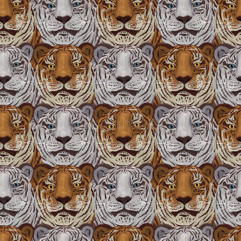 Illustrated Pattern with White and Brown Tiger Heads Stock Illustration ...