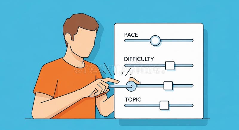 Illustrated Person Adjusts Digital Sliders for Pace, Difficulty, and Topic, Representing User ...