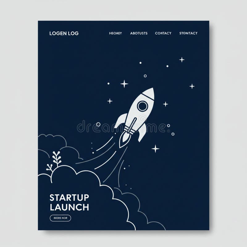 Illustrated Poster Featuring a Stylized Rocket Launching into a Starry Night Sky. Set Stock ...