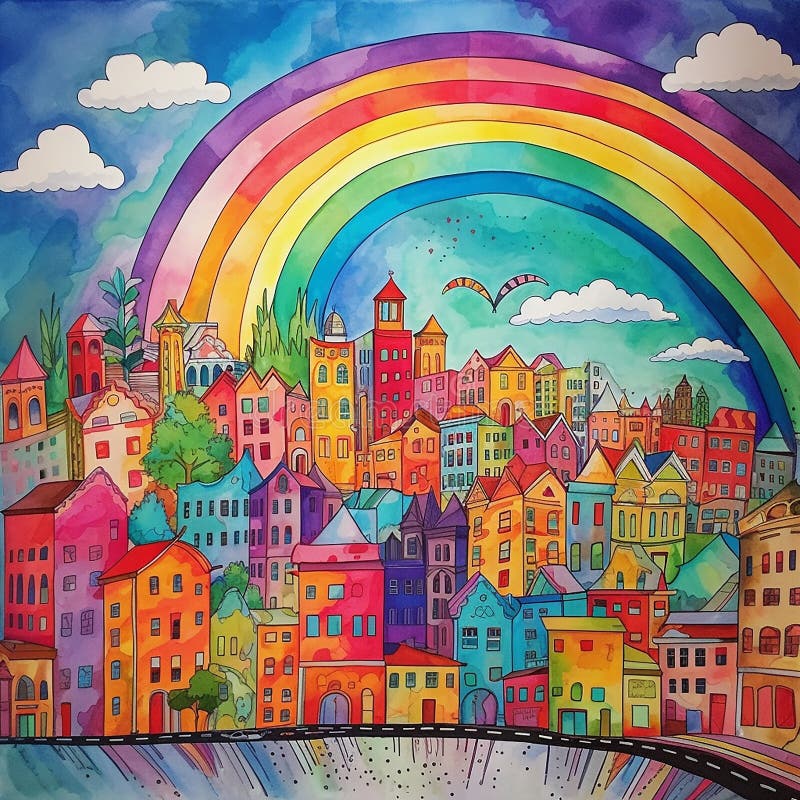 Illustrated Rainbow Colored Town. Created Using Ai Generative. Stock ...