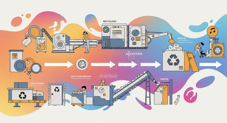 Illustrated Recycling Process Flowchart with Various Stages Represented ...