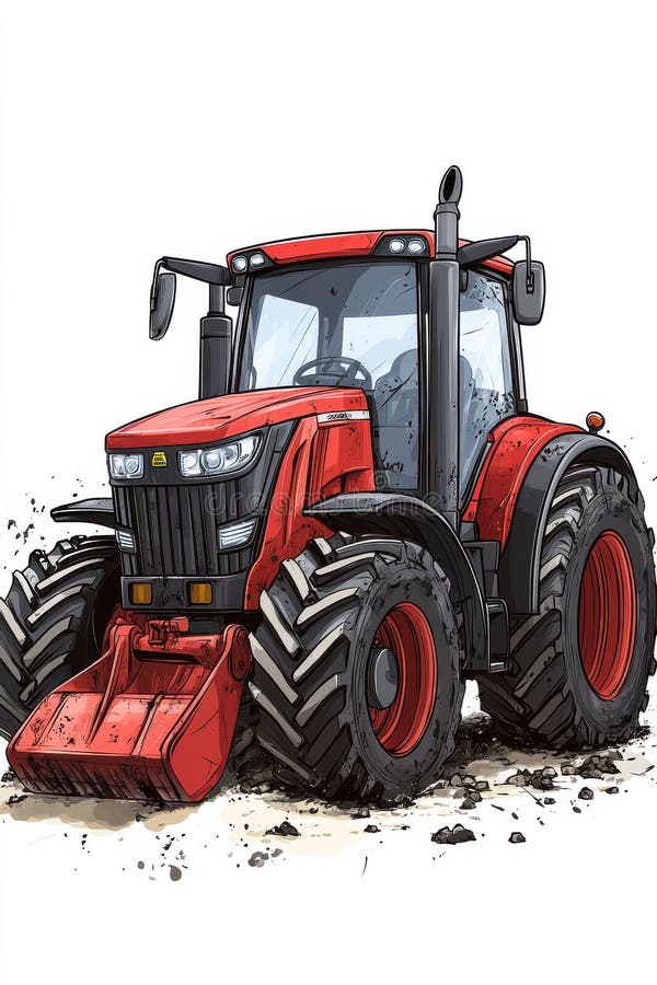 Illustrated Red Tractor with Modern Design and Large Wheels on Rough ...