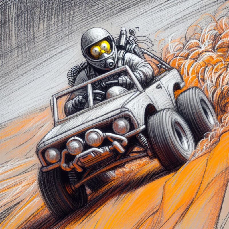 Illustrated Scene of an Adventurous Driver Navigating a Rugged Vehicle ...